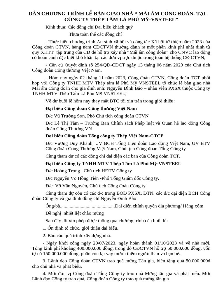 Dan Chuong Trình Trao Nha Mai Am Cong Doan Thep Tam La PM T11-2023 | PDF