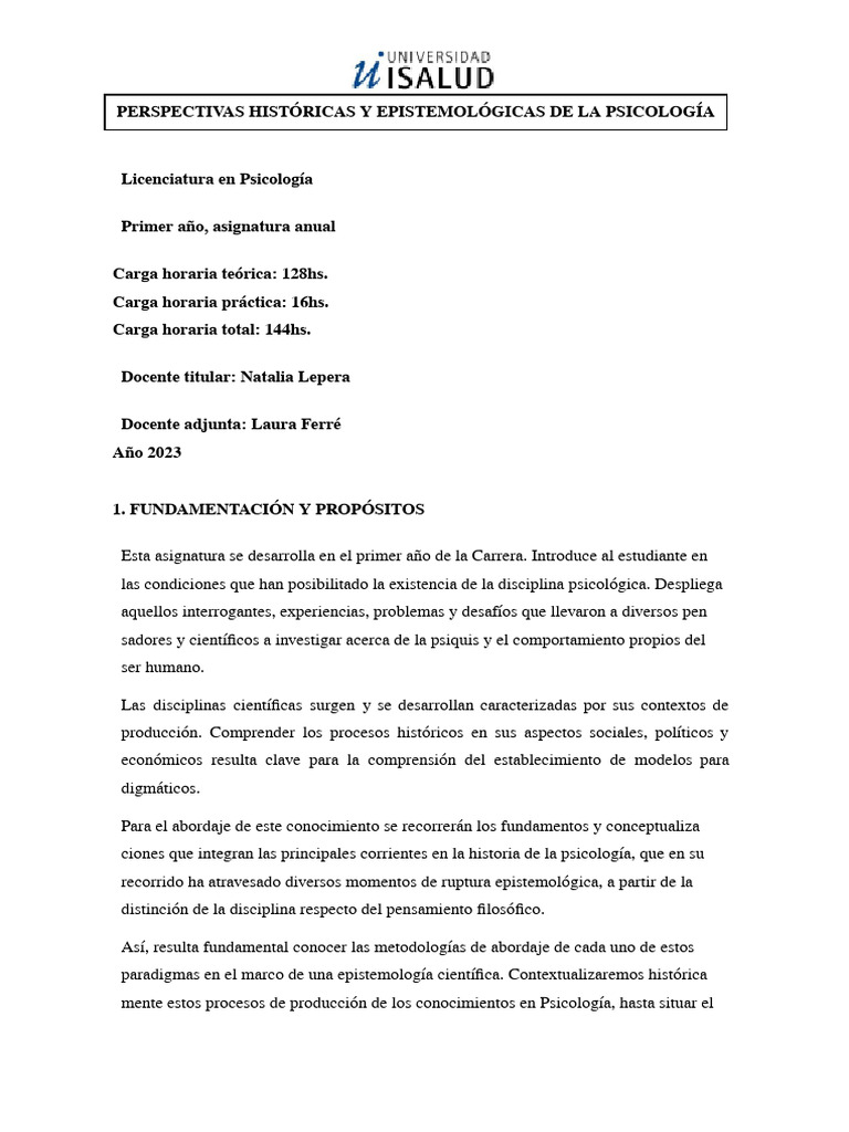 09 Perspectivas Historicas y Epistemologicas de La Psicologia - Programa 2023 | PDF | Sicología ...