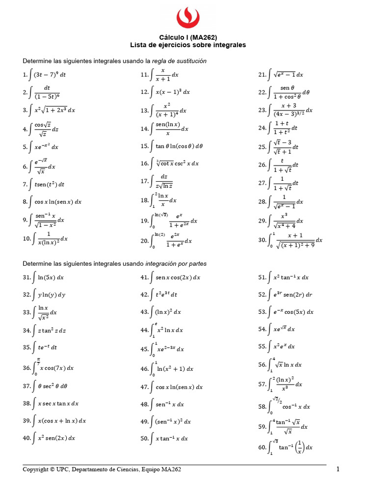 MA262 - MA262 - Lista - de - Ejercicios - Sobre - Integrales | PDF | Asociación Nacional de ...
