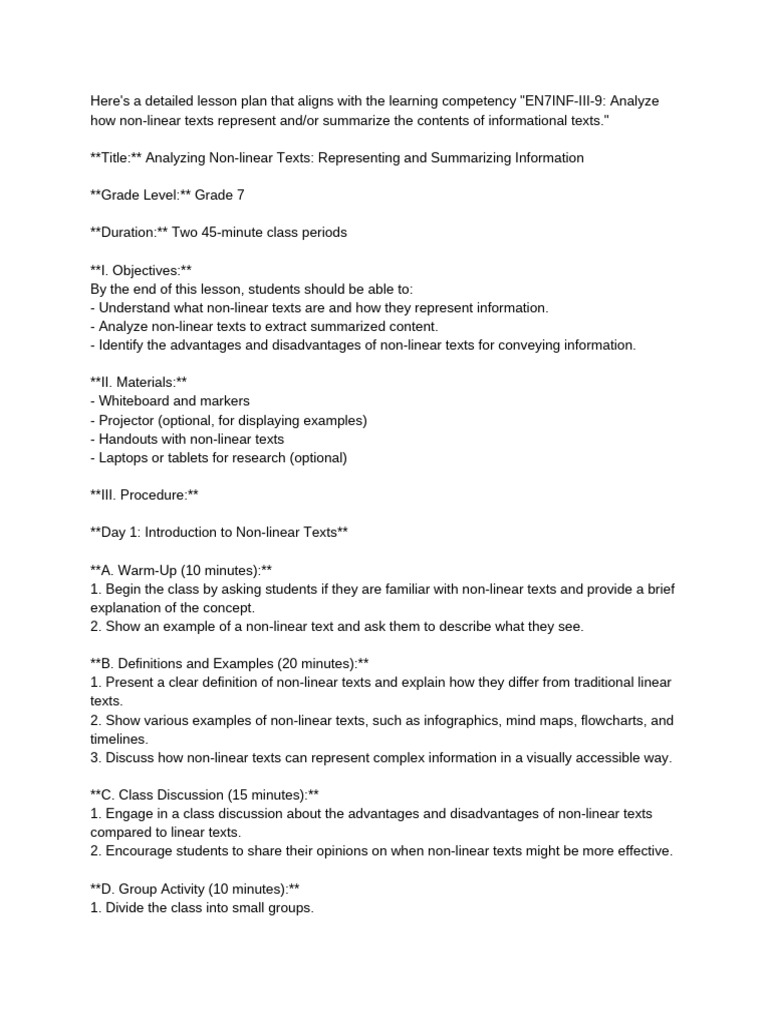 Analyzing Non-Linear Texts - Representing and Summarizing Information | PDF | Information ...