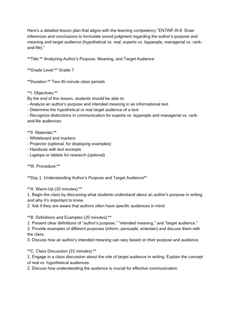 Analyzing Author - S Purpose, Meaning, and Target Audience | PDF ...