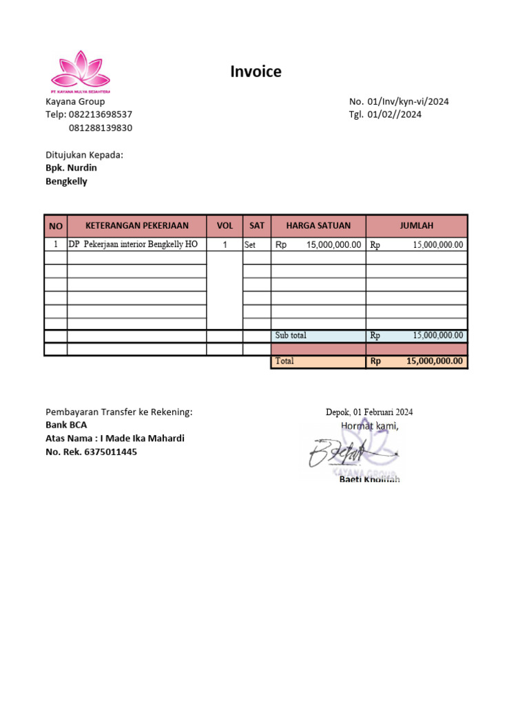 Invoice Interior Bengkelly HO | PDF