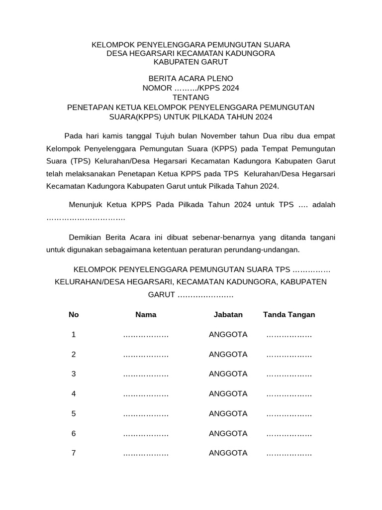 Penetapan Ketua KPPS Hegarsari 2024 | PDF