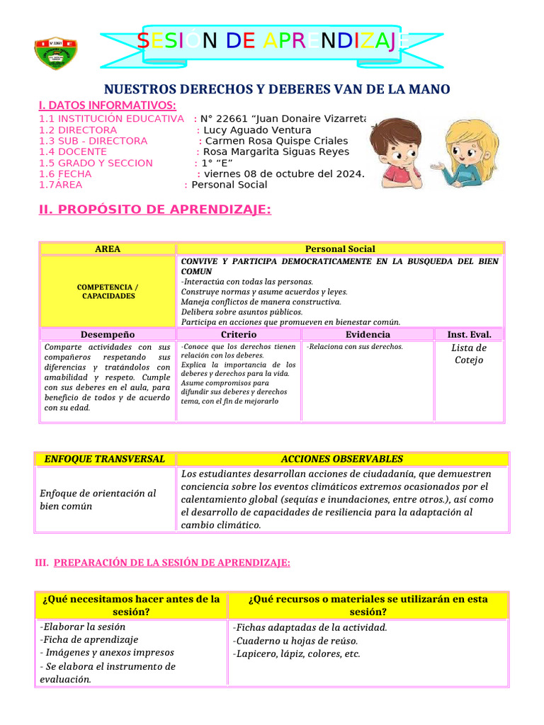 Sesion Nuestros Derechos y Deberes Van de La Mano | PDF | Aprendizaje | Evaluación