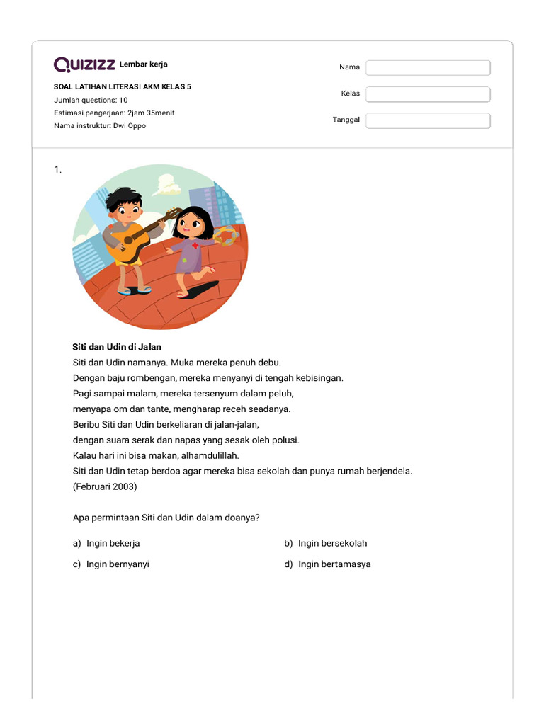 Soal Latihan Literasi AKM Kelas 5 | PDF