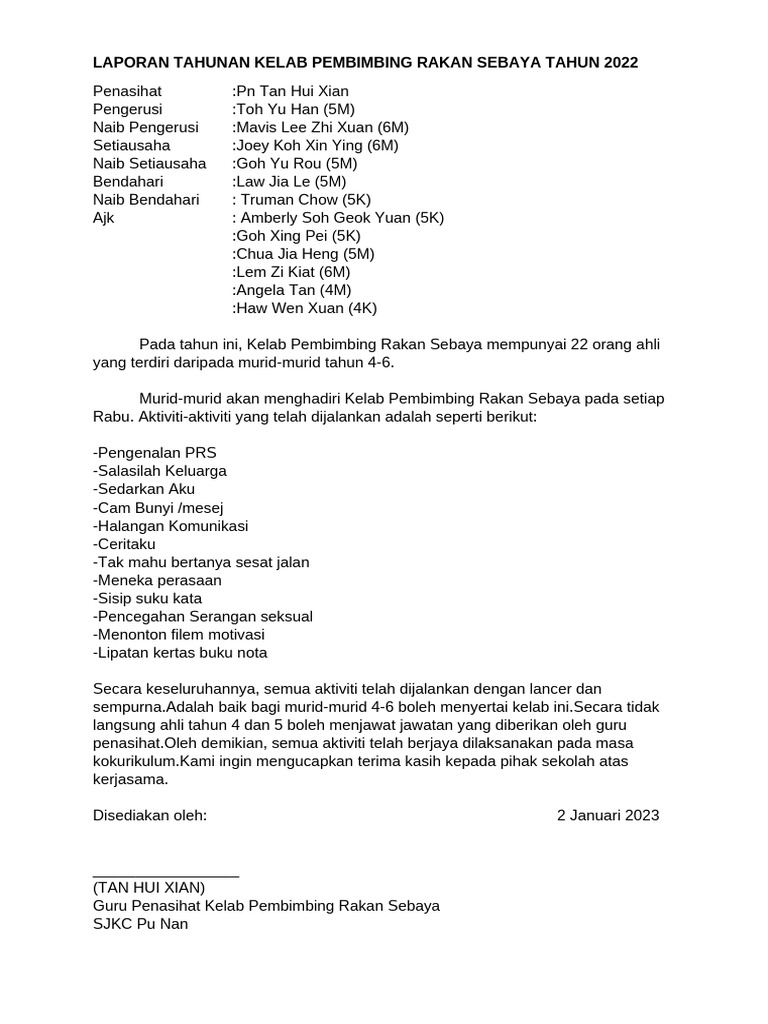 Laporan Tahunan Kelab Pembimbing Rakan Sebaya Tahun 2022 | PDF