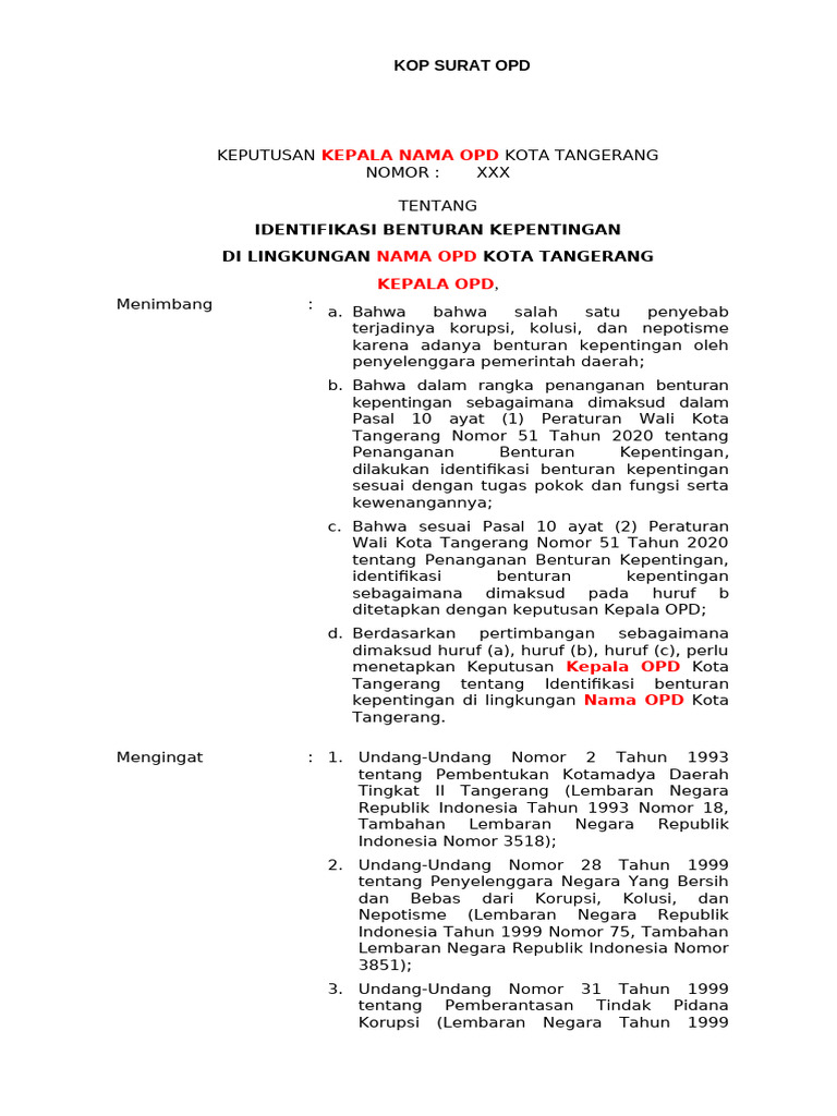 SK Kepala OPD TTG Identifikasi Benturan Kepentingan Format | PDF