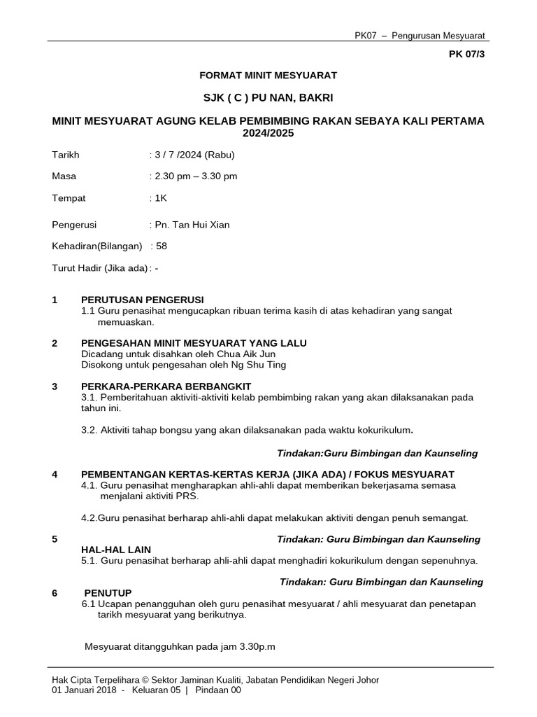 Minit Mesyuarat Agung Prs Kali Pertama 2024 | PDF