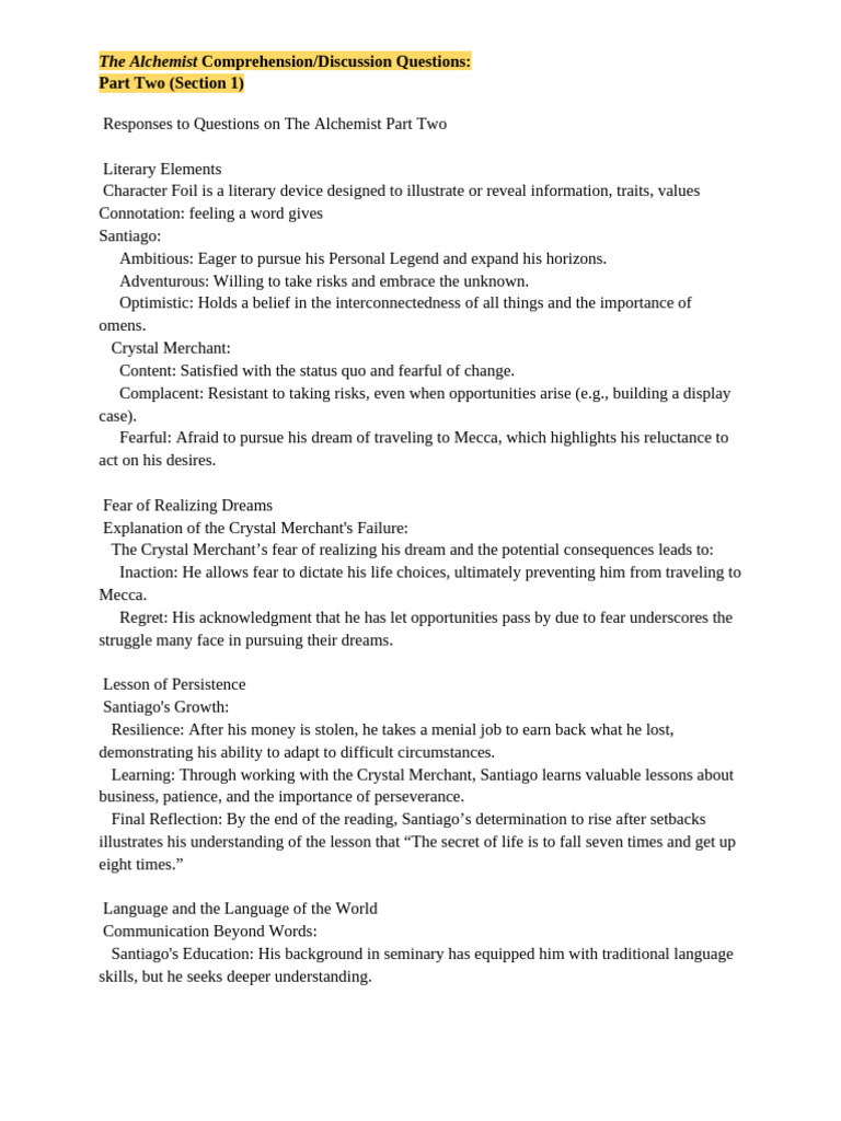 The Alchemist Questions - Part Two (Section 1) | PDF | Psychological ...