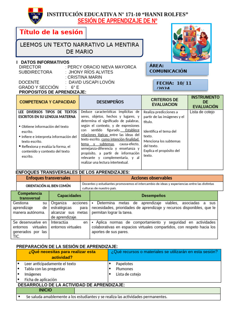 Com - Texto Narrativo - La Mentira de Mario - 1 | PDF | Aprendizaje | Evaluación