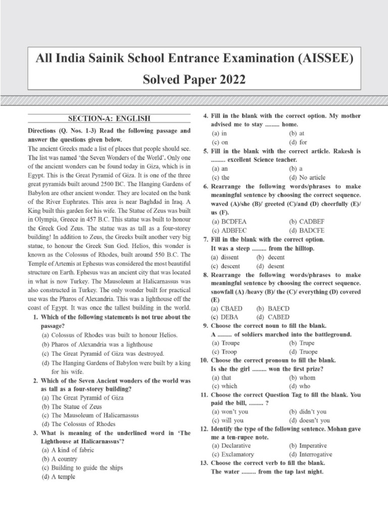 Sainik School 2022 Question Paper PDF | PDF