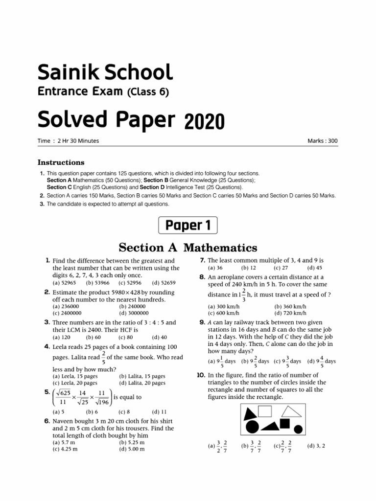 Sainik School Class 6 Question Paper 2020 | PDF