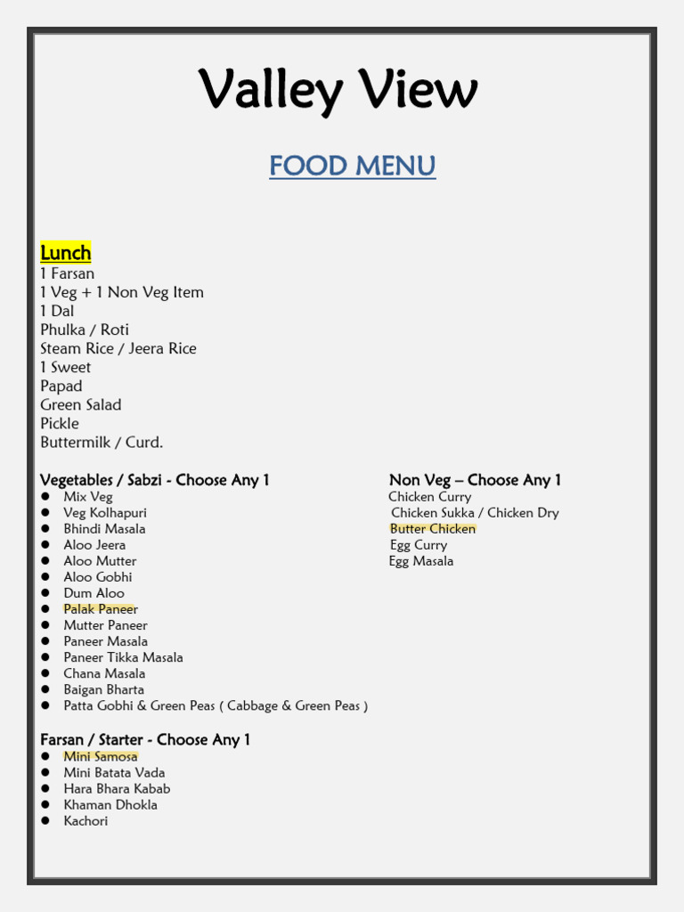 Valley View Dining Options | PDF