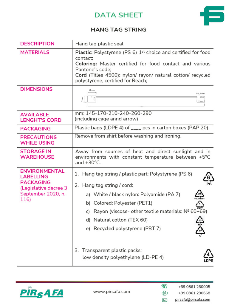 Hang Tag String Data Sheet | PDF | Plastic | Polystyrene