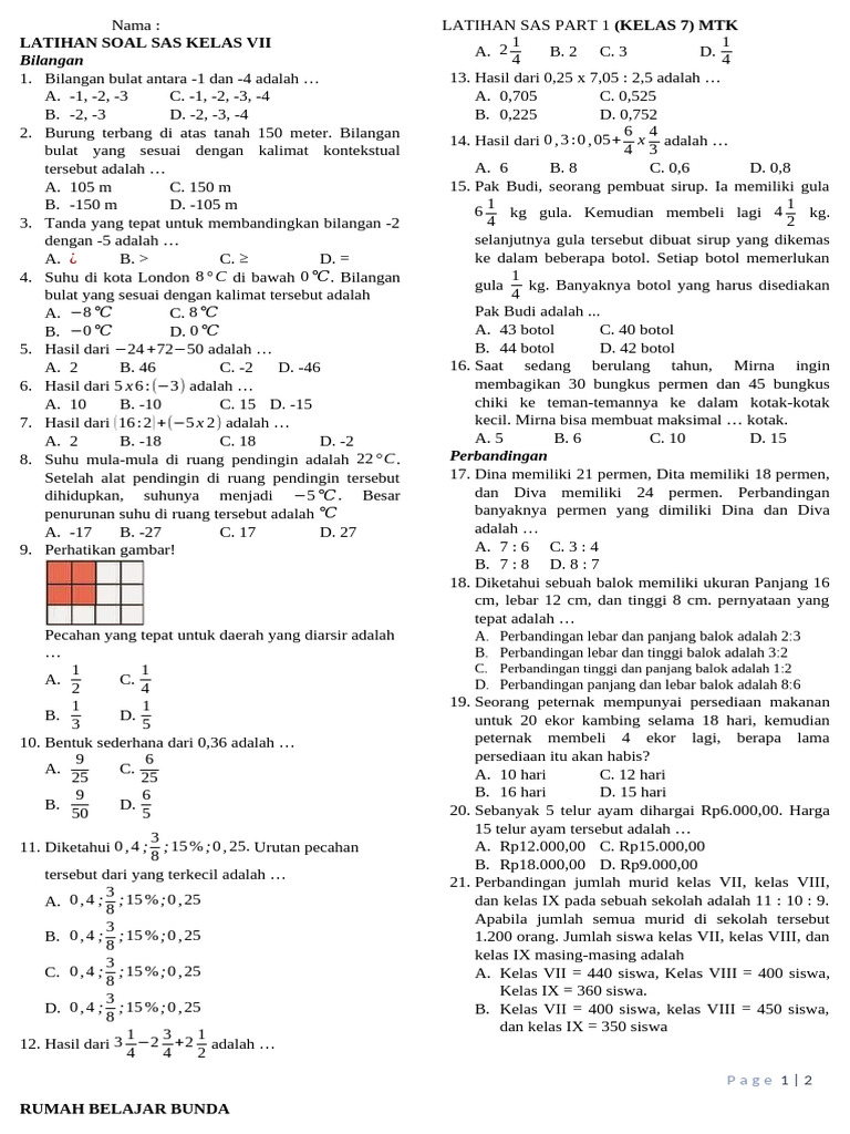 Latihan Sas Matematika (Bilangan, Aljabar, Perbandingan, SPLV) Part 1 | PDF