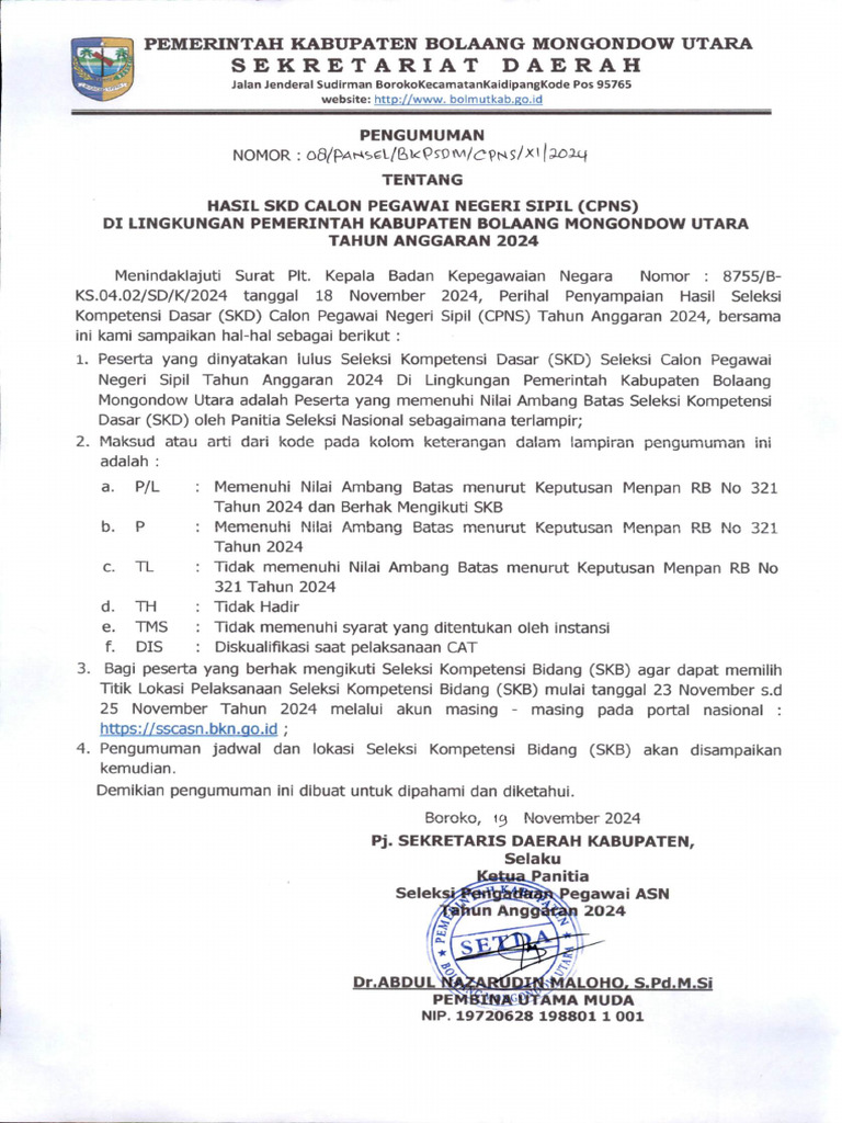 Pengumuman Hasil SKD Pengadaan PNS Tahun 2024 | PDF