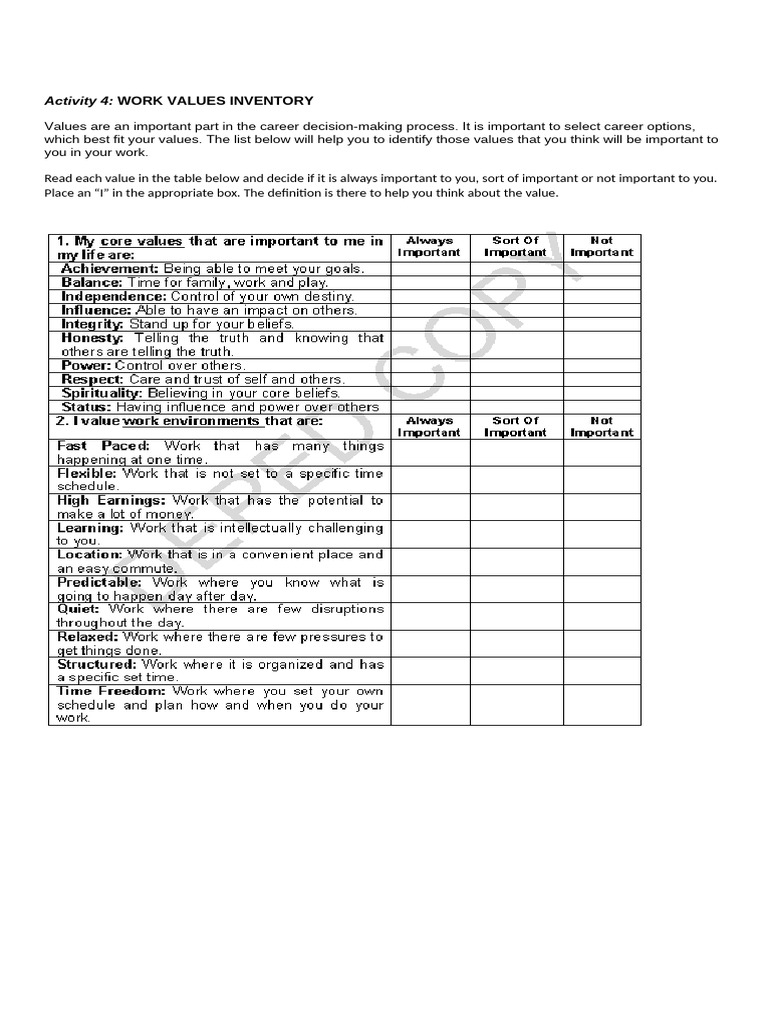Work Values Inventory Guide | PDF