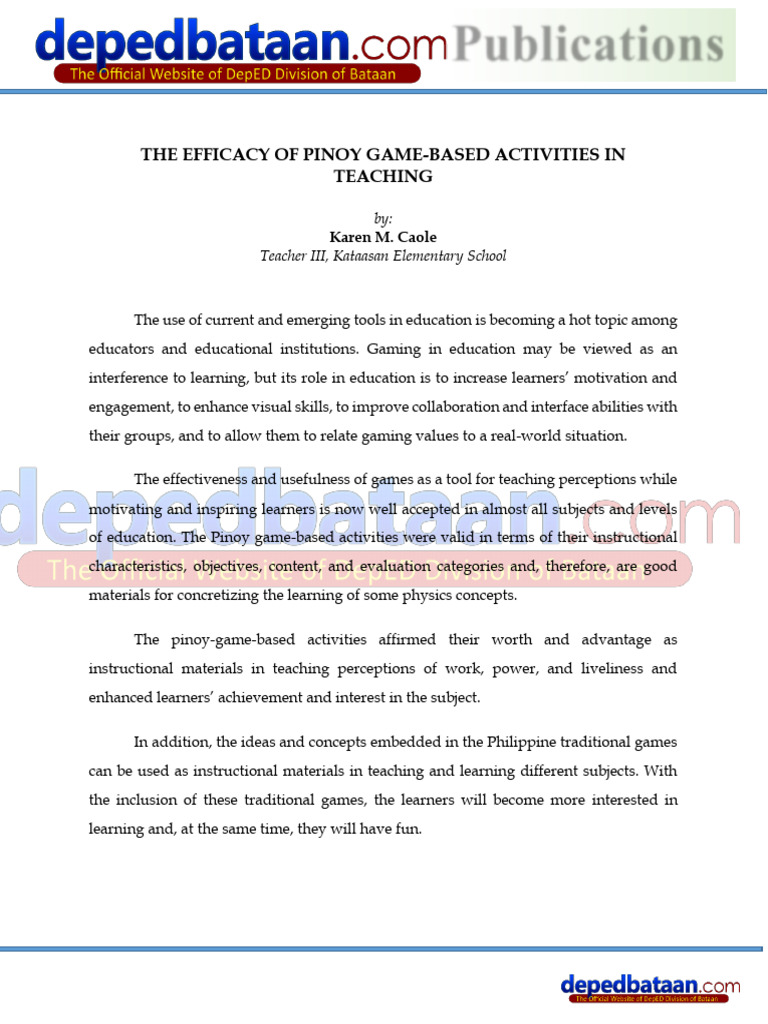 The Efficacy of Pinoy Game Based Activities in Teaching | PDF