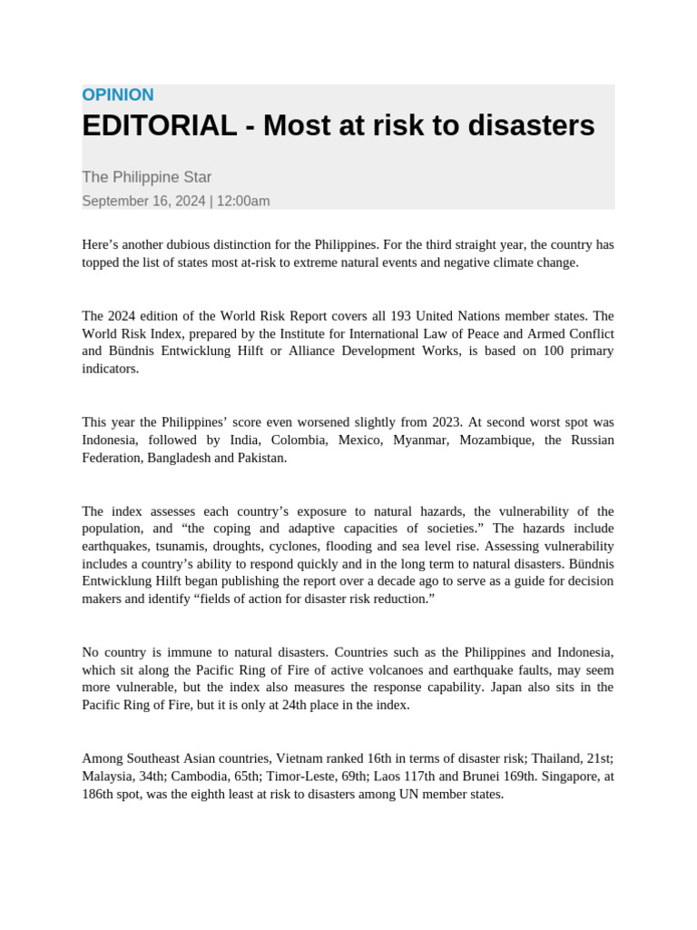 Editorial Disaster On PH | PDF | Natural Disasters | Physical Geography