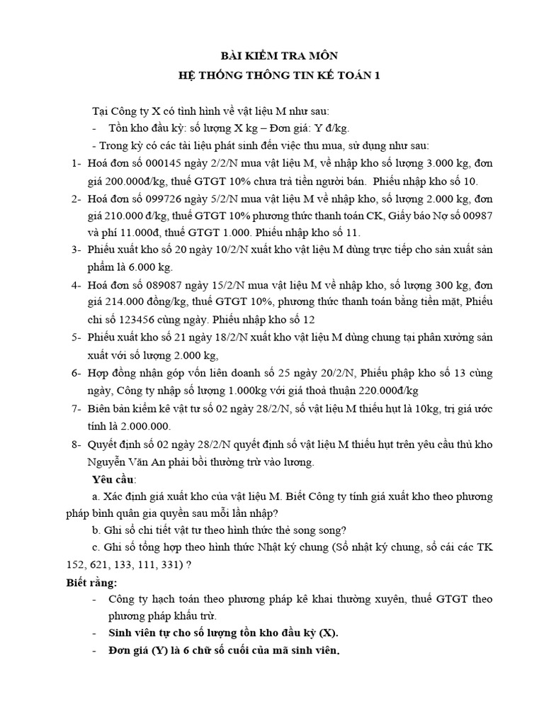 BÀI KIỂM TRA MÔN HTTTKT 1 - 2024 | PDF