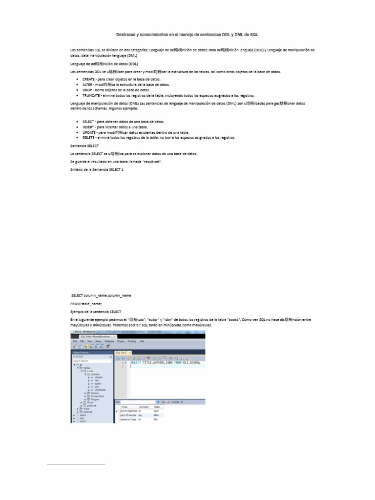 Destrezas y Conocimientos en El Manejo de Sentencias DDL y DML de SQL - Compress | PDF | SQL ...