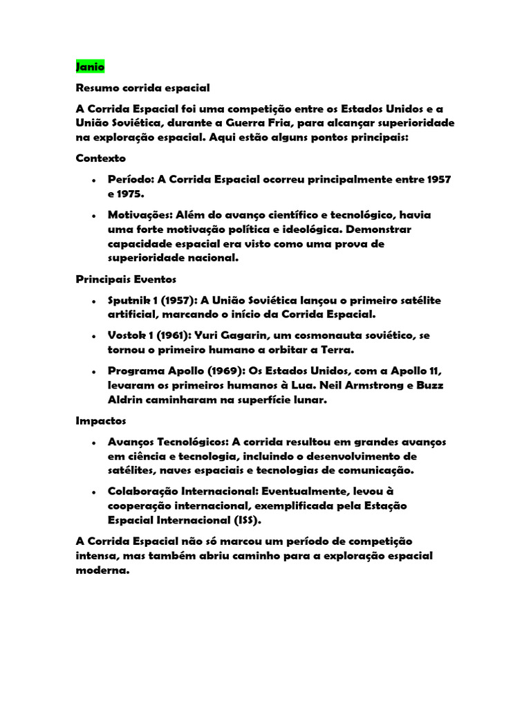 Resumo corrida espacial | PDF
