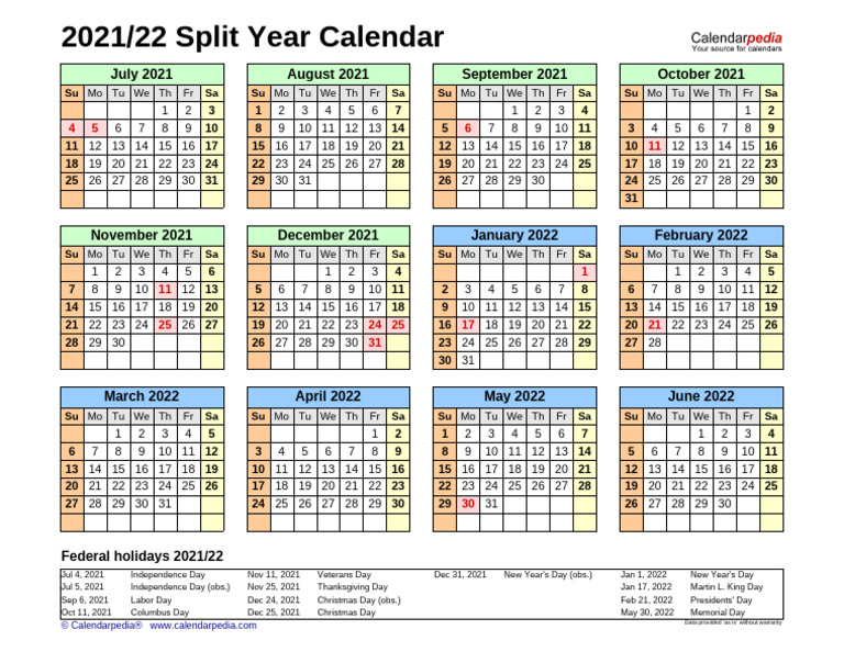 Split Year Calendar 2021 2022 Landscape Year at A Glance | PDF ...