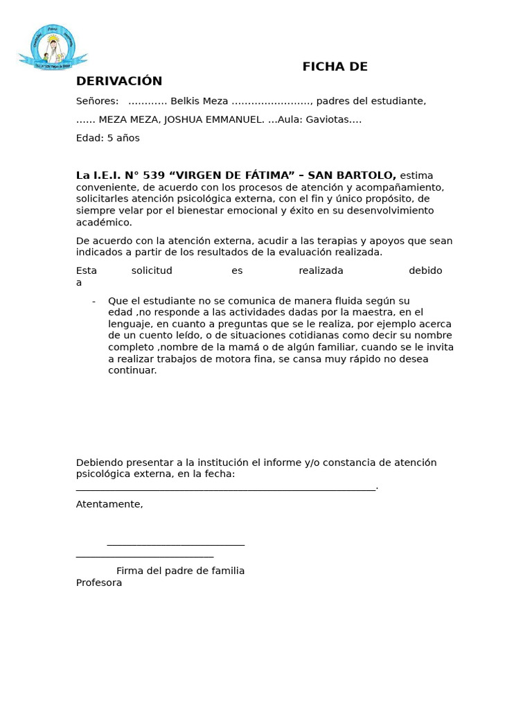 Ficha de Derivación Joshua Meza | PDF