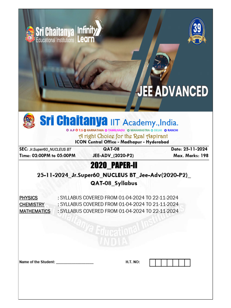 25-11-2024 JR - Super60 Nucleus BT Jee-Adv (2020-p2) Qat-08 Q. Paper | PDF | Mole (Unit ...