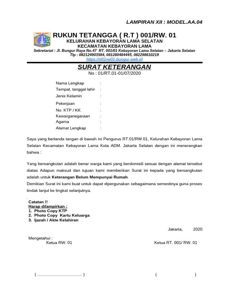 Surat Keterangan RT 001 Kebayoran | PDF