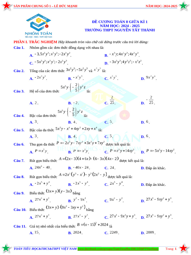 SPC1 24 25 TOAN 8 ĐC GK1 THCS NGUYỄN TẤT THÀNH LĐM ĐỀ | PDF