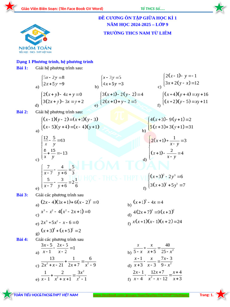 SPC 07 VÕ TỰ LỰC ĐC GK1 TOÁN 9 NAM TỪ LIÊM ĐỀ | PDF