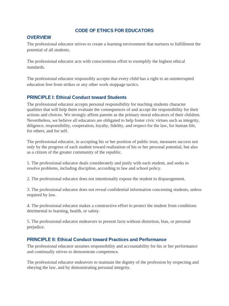 Code of Ethics For Educators | PDF | Integrity | Teachers