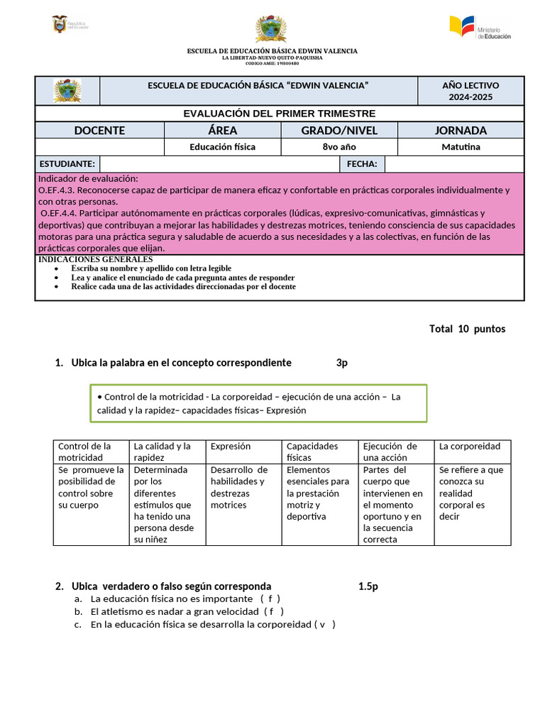 7 EXAMEN de 8vo Educacion F. Clave | PDF | Educación primaria