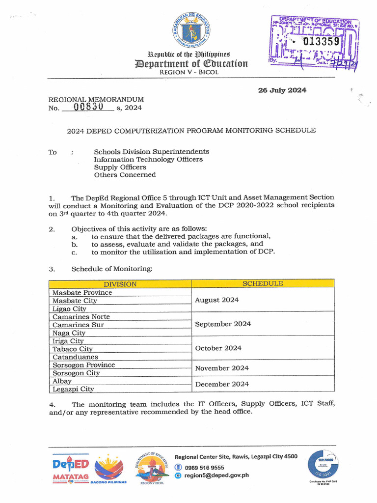 RM - 830 S - 2024 2024 DepEd Computerization Program Monitoring ...