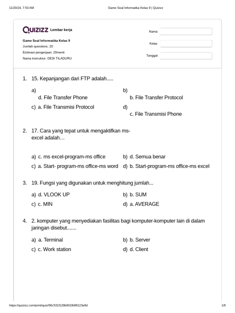 Game Soal Informatika Kelas 9 - Quizizz | PDF