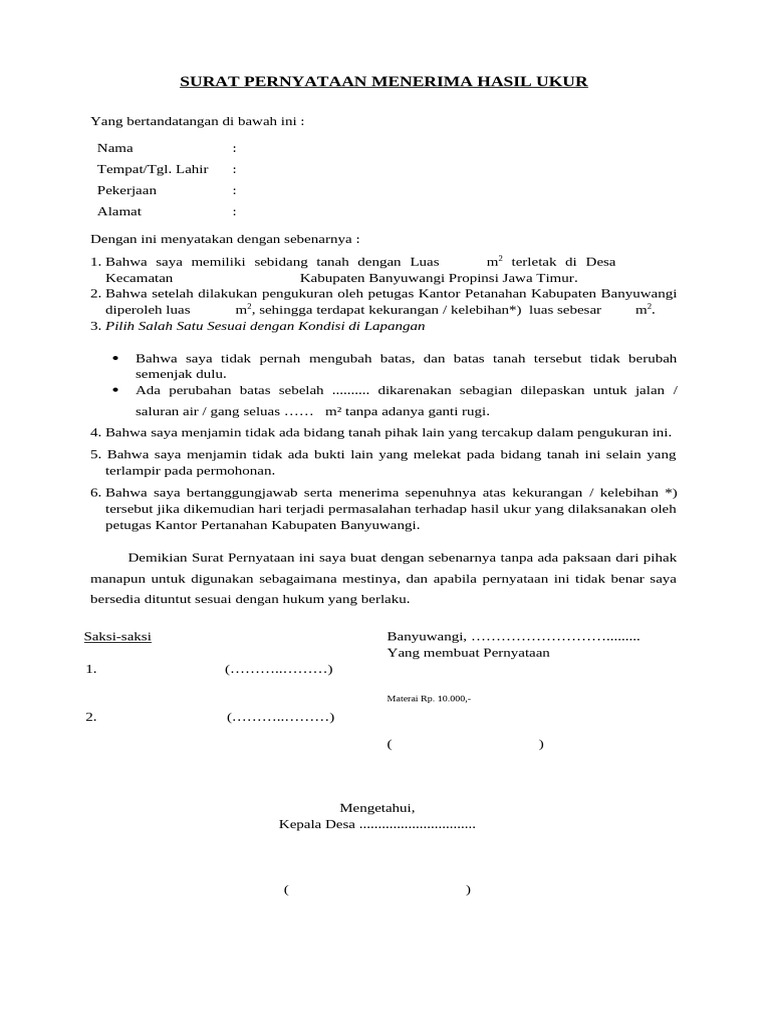 Surat Pernyataan Menerima Hasil Ukur New | PDF