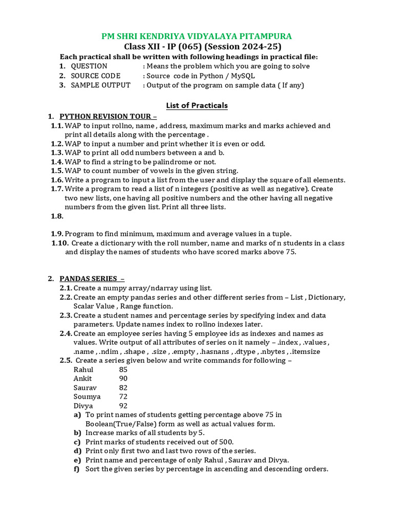 12 IP Practical List 2024-25 | PDF | Computer Programming | Computer Data