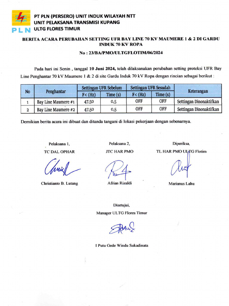 Ba Perubahan Setting Ufr Line Maumere 1 & 2 Gi Ropa | PDF