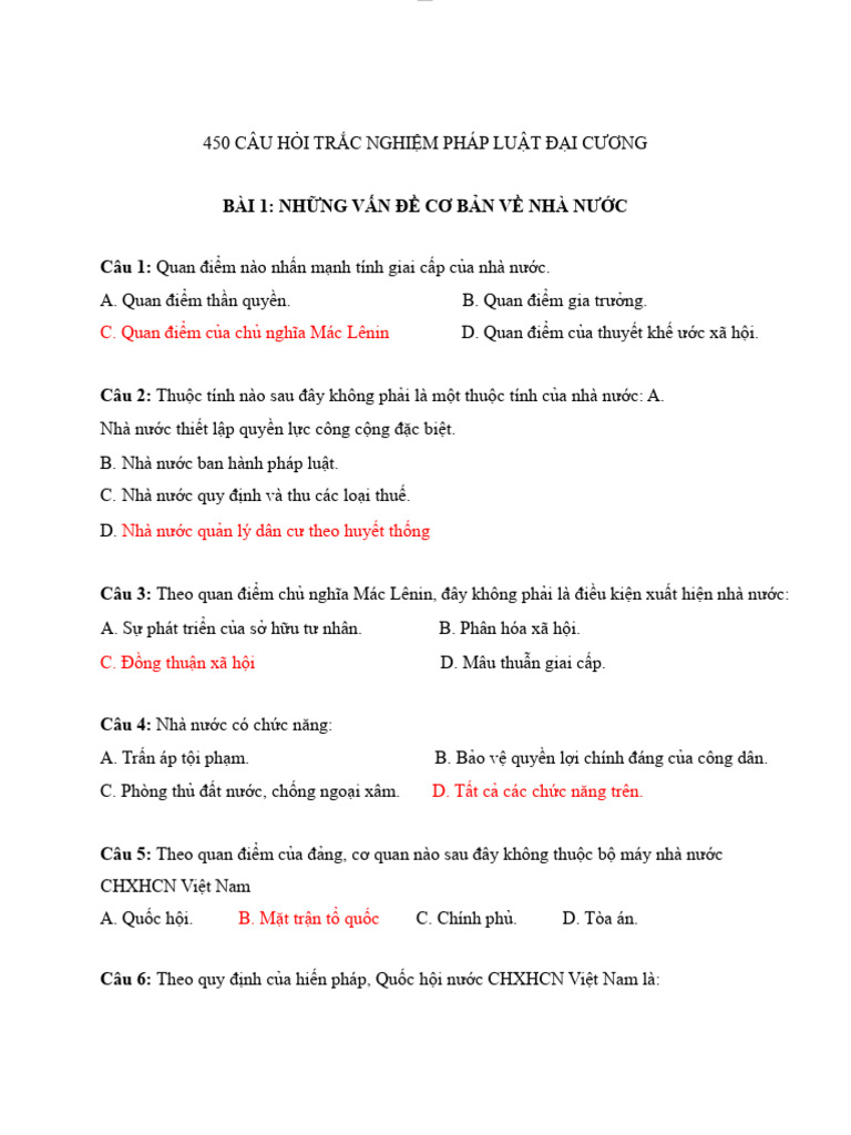 450 Cau Trac Nghiem Phap Luat Dai Cuong Co Dap An Dai Hoc Noi Vu Ha No 142696 | PDF