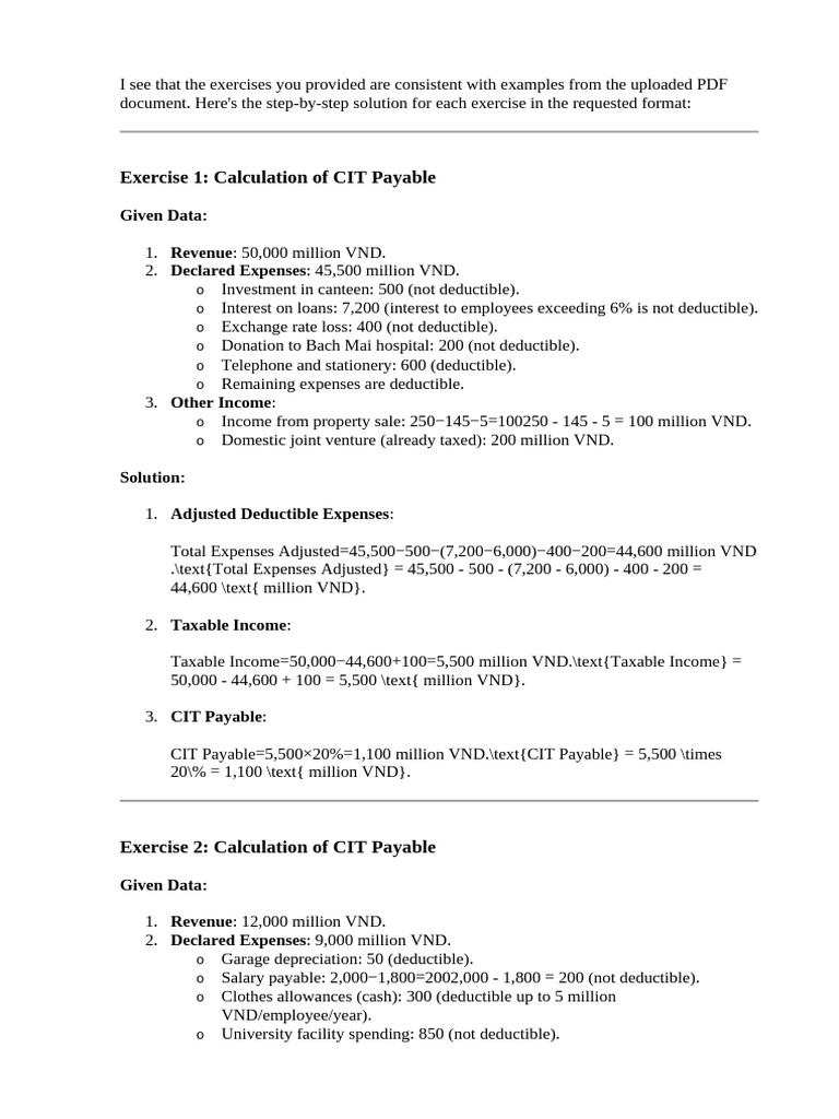 Exercise 1: Calculation of CIT Payable: Given Data: Revenue Declared ...