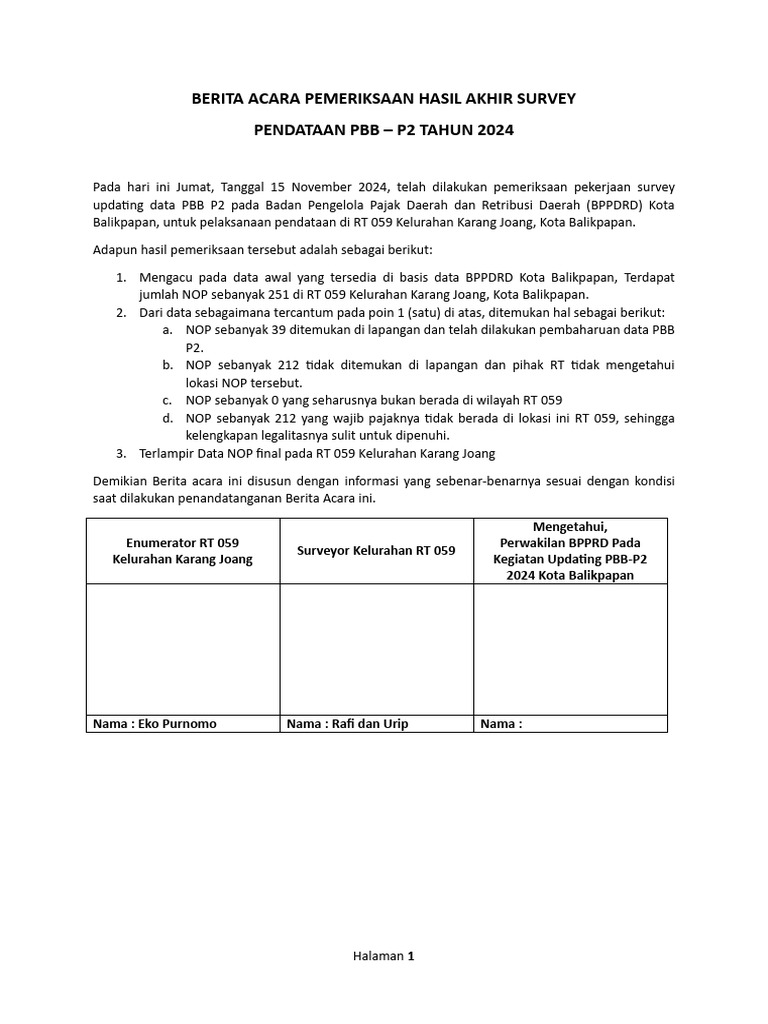 BA Hasil Akhir Survey 2024 - RT 059 Karang Joang - Removed | PDF