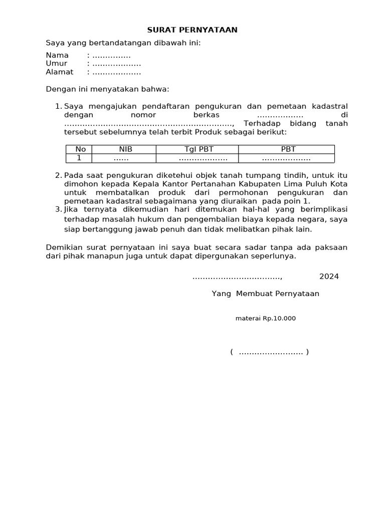 Surat Pernyataan Pembatalan Nib | PDF