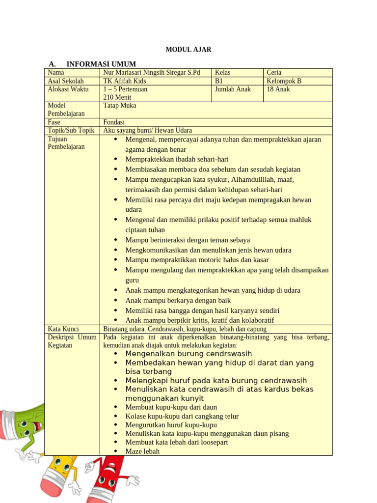 Modul Ajar Binatang Udara PAUD | PDF