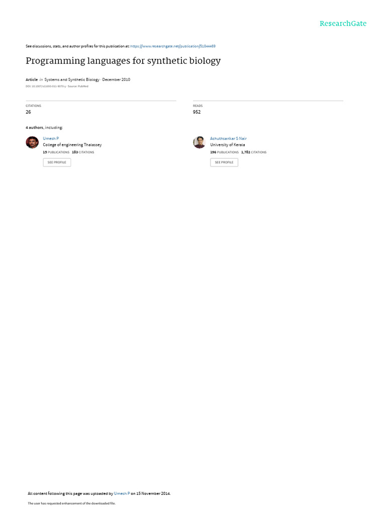 Programming Languages For Synthetic Biology | PDF | Library (Computing) | Computer Programming