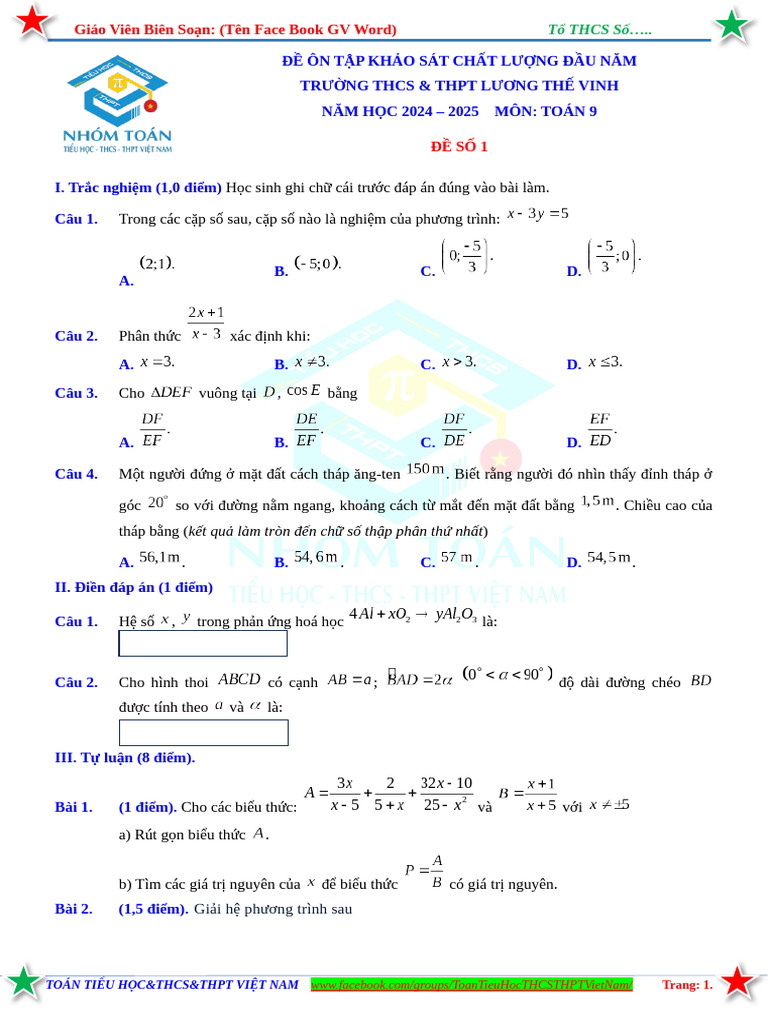DA1 GVPB1 ĐỀ SỐ 1 TOÁN 9 THCS THPT LƯƠNG THẾ VINH NĂM 2024 2025 | PDF