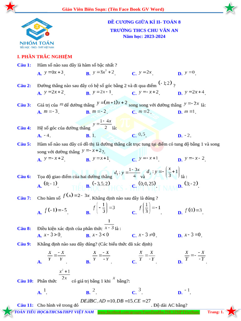 Da25 Thang Vu ĐC GK2 2023 2024 Toán 8 THCS Chu Văn An | PDF