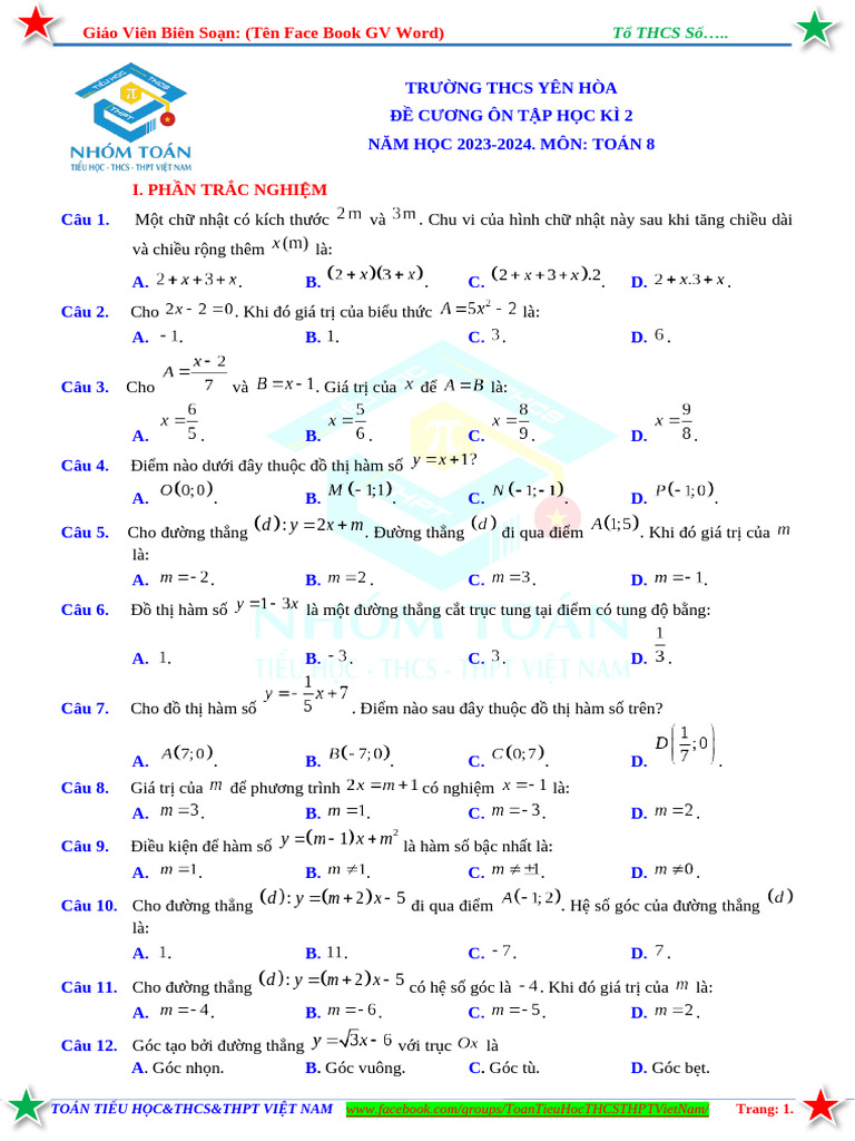 Da32 Thang Vu ĐC HK2 2023 2024 Toan 8 THCS Yen Hoa | PDF