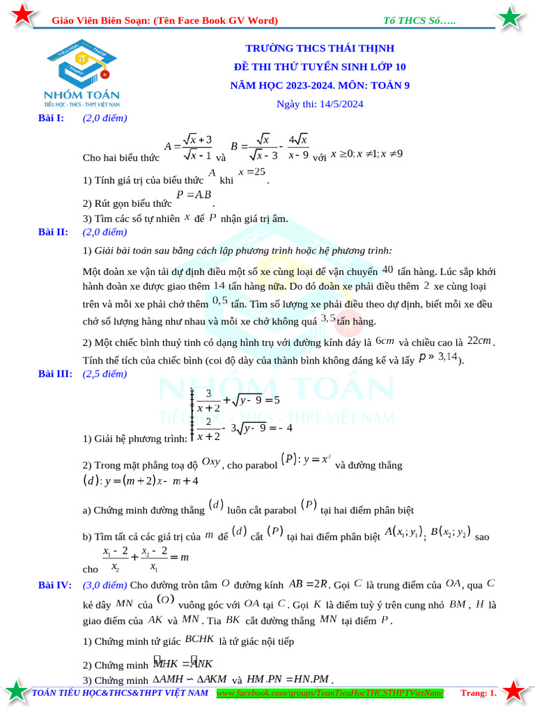 Da34 GVPB5 Thang Vu de KSCL 2023 2024 THCS Thai Thinh | PDF