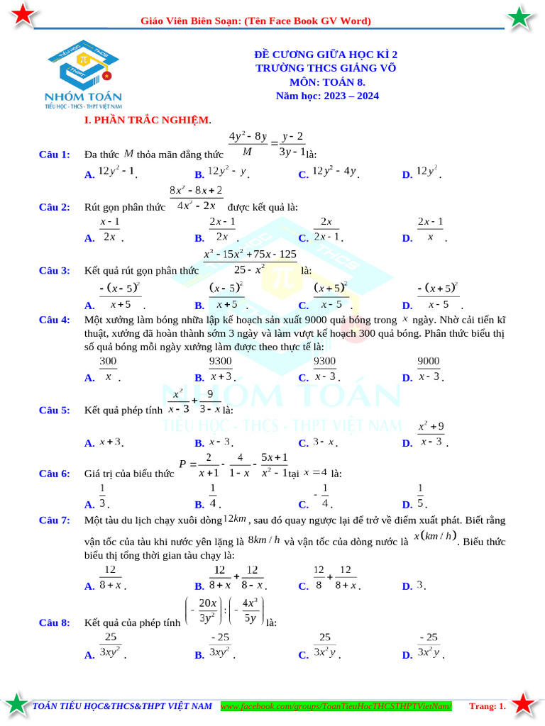 Da26 Thang Vu ĐC GK2 2023 2024 THCS Gi NG Võ | PDF